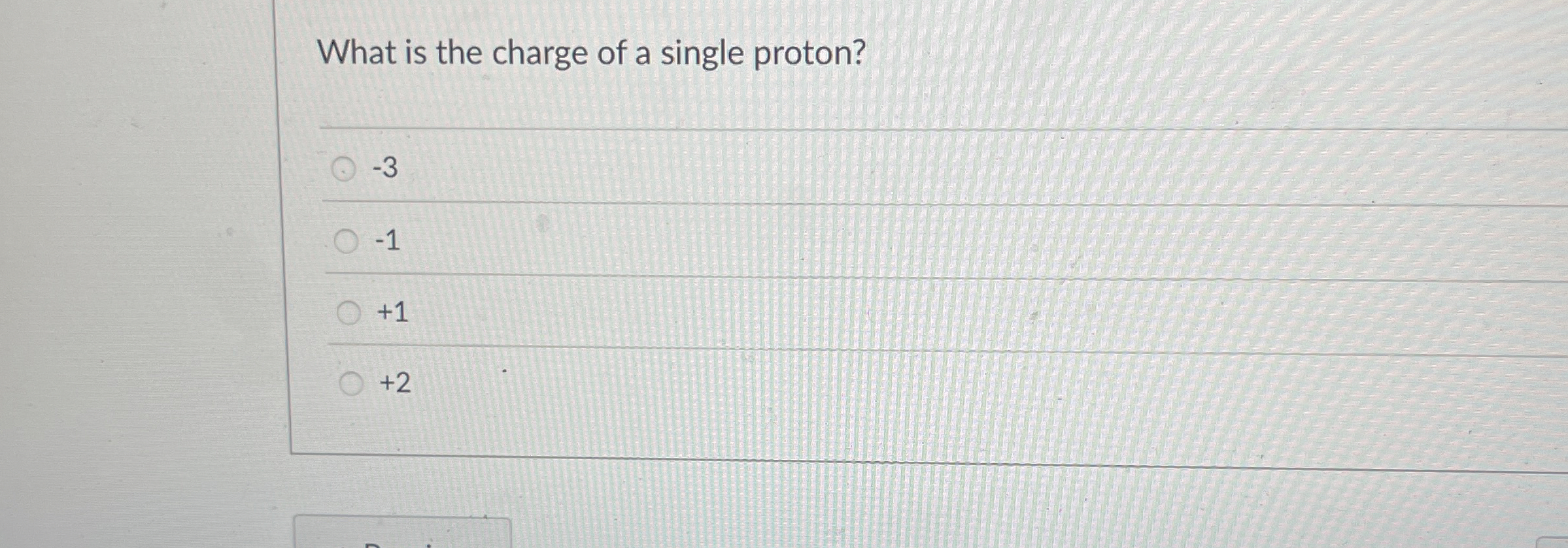 Solved What is the charge of a single proton?-3-1+1+2 | Chegg.com