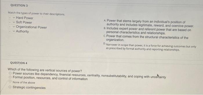 Solved QUESTION 3 Match the types of power to their | Chegg.com