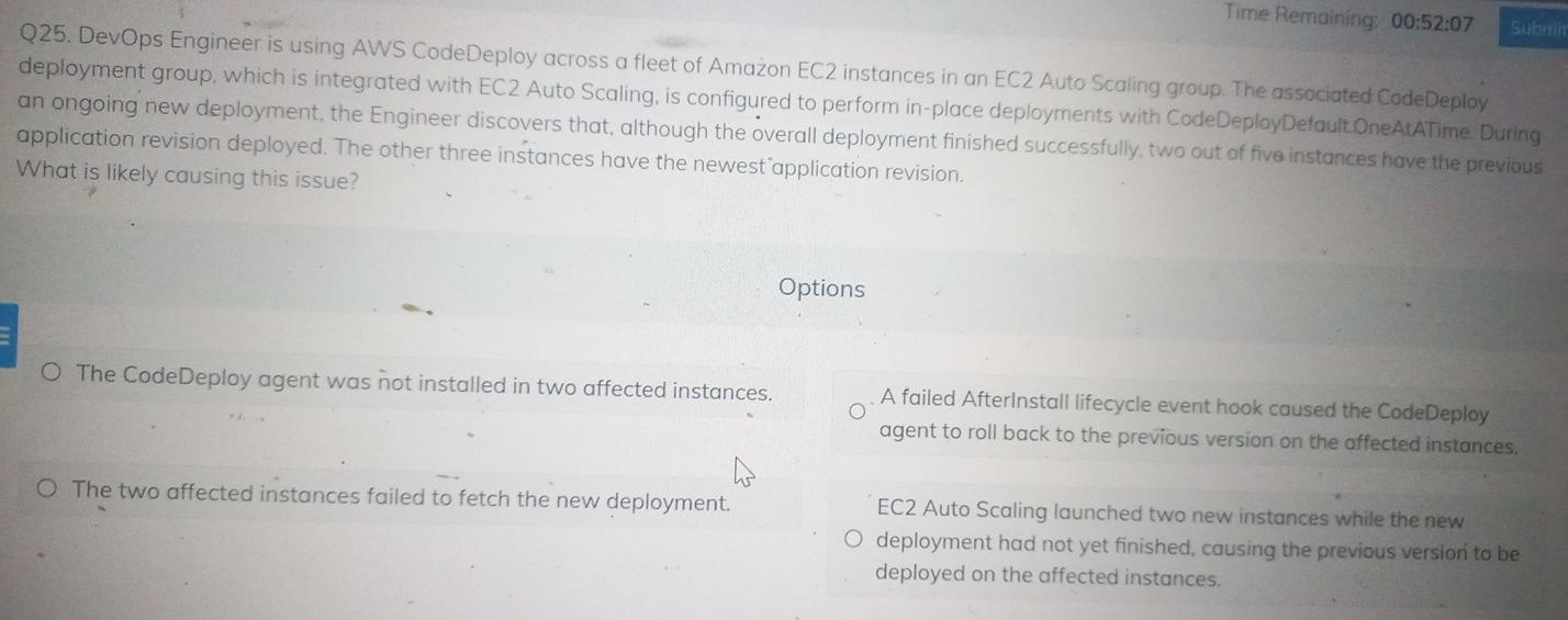 Solved Time Remaining: 00:52:07Q25. ﻿DevOps Engineer is | Chegg.com