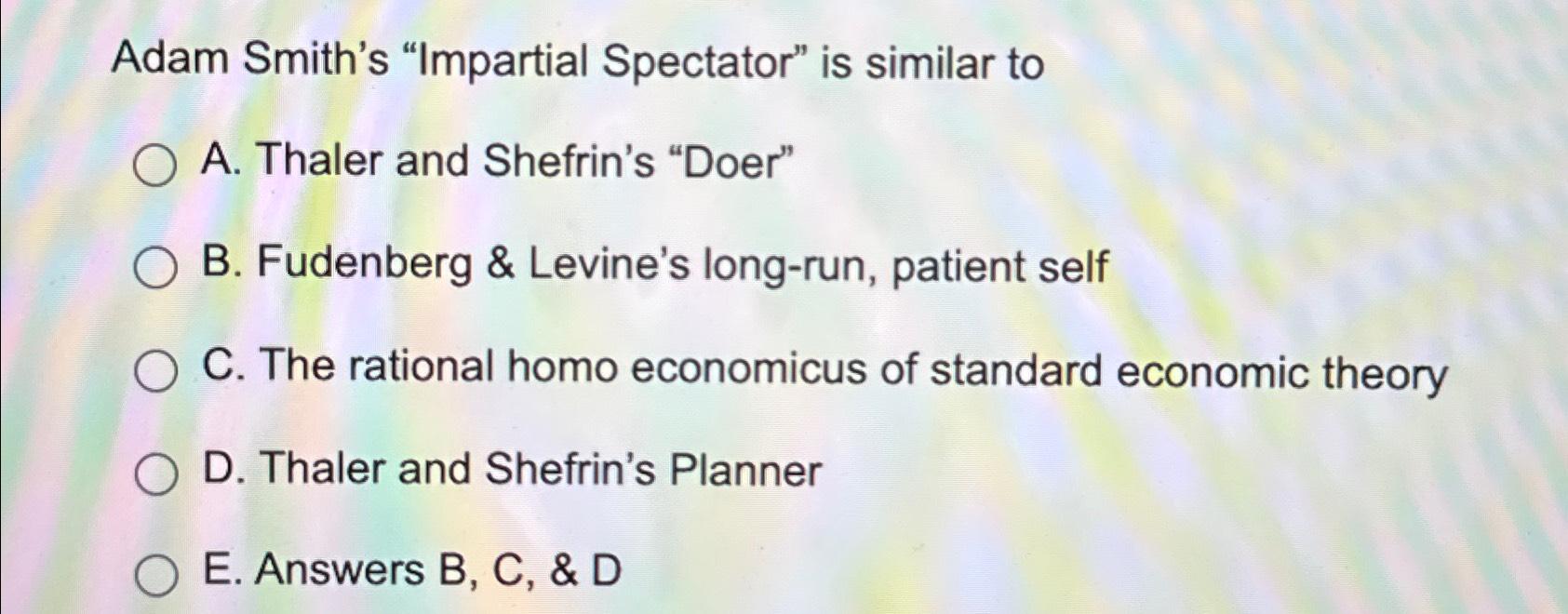 Solved Adam Smith's "Impartial Spectator" is similar toA. | Chegg.com