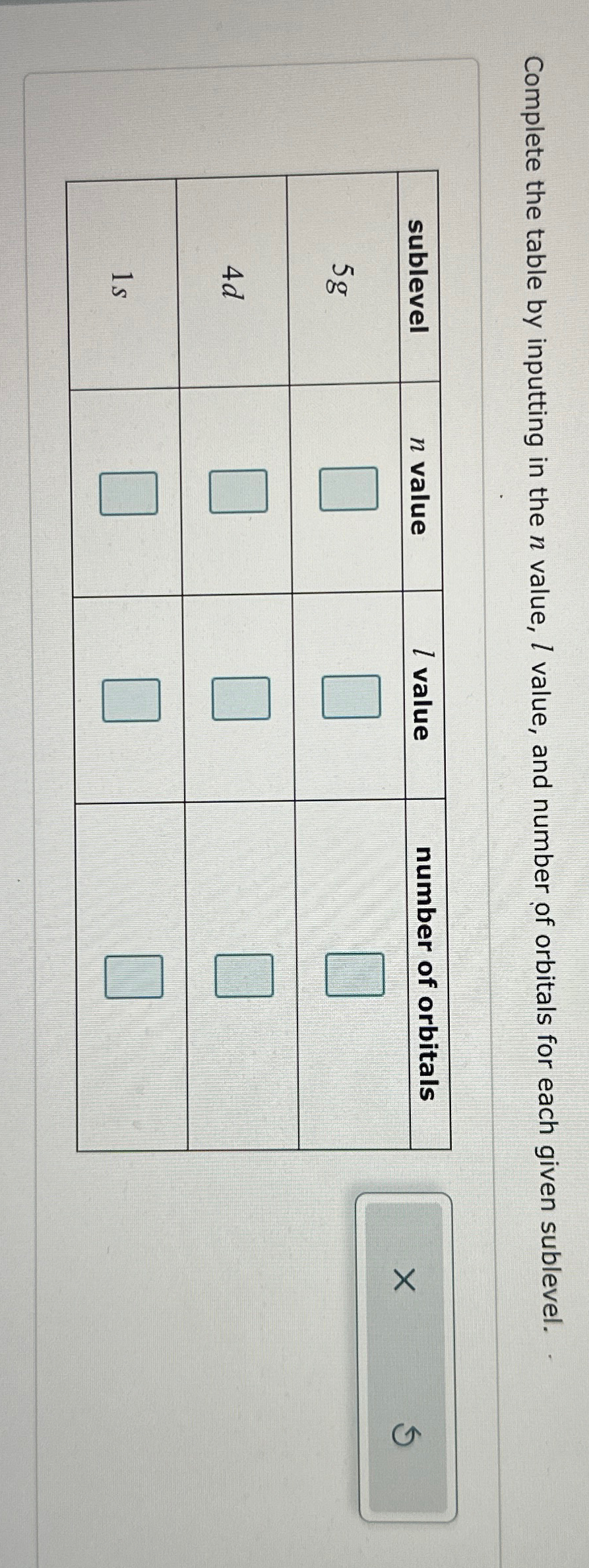 Solved Complete the table by inputting in the n ﻿value, l | Chegg.com