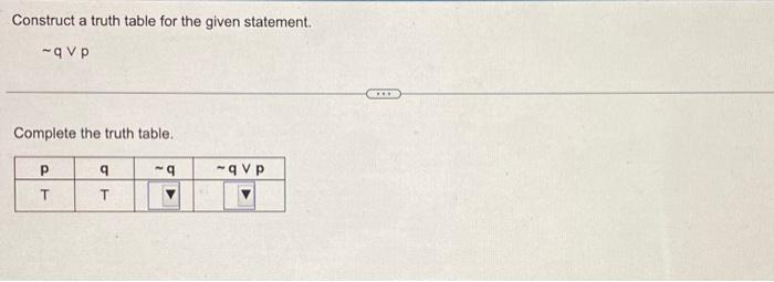 Solved Construct A Truth Table For The Given Statement ∼q∨p 1397