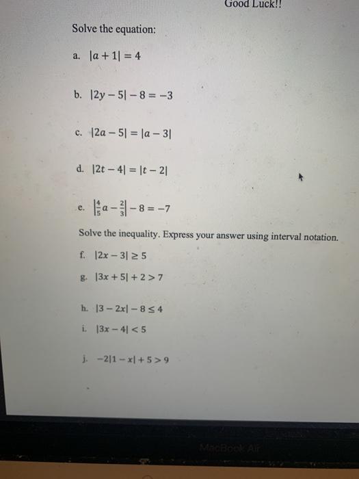 Solved Good Luck!! Solve the equation: a. la + 11 = 4 b. | Chegg.com
