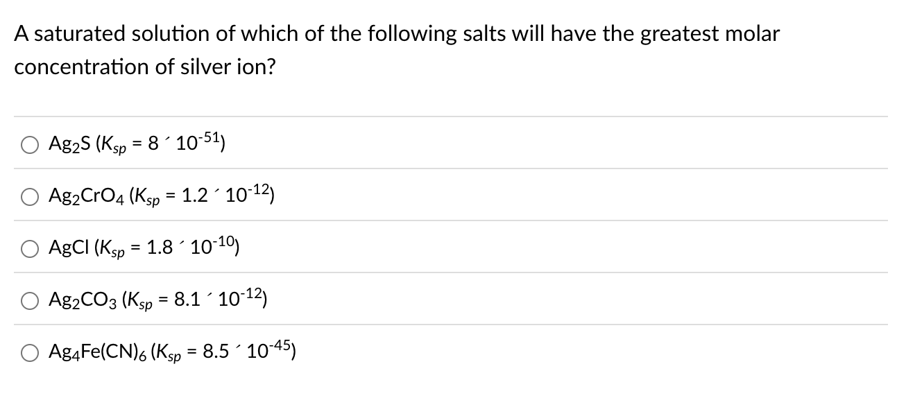 Solved A saturated solution of ﻿which of ﻿the following | Chegg.com