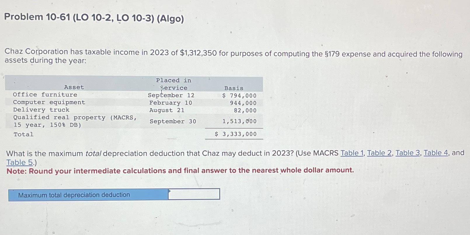 Solved Problem 10-61 (LO 10-2, LO 10-3) (Algo)Chaz | Chegg.com Solved Problem 10-61 (LO 10-2, LO 10-3) (Algo)Chaz | Chegg.com