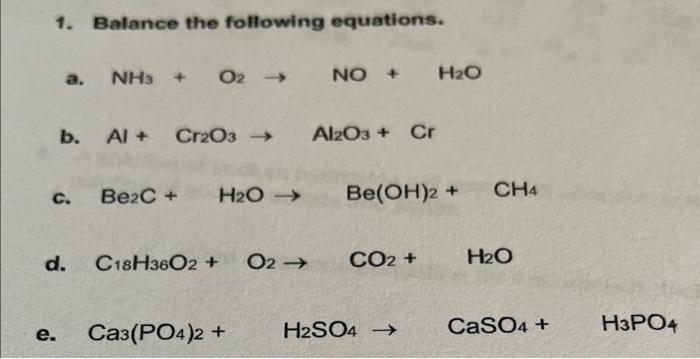 Solved 1. Balance the following equations. a. NHS + O2 → NO | Chegg.com
