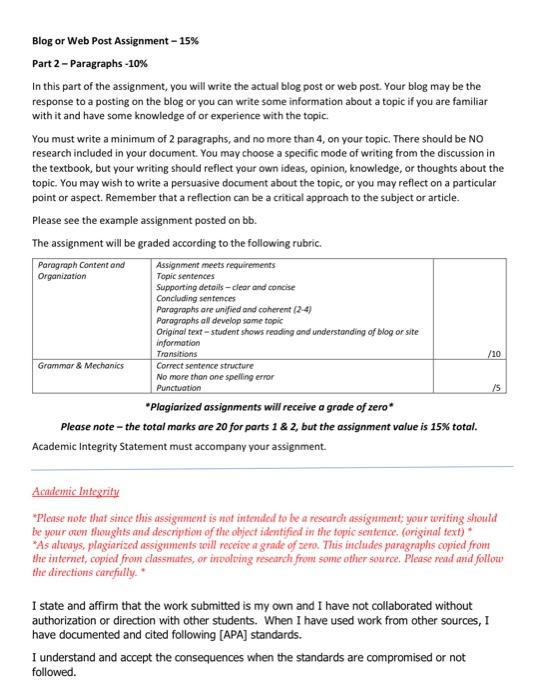 Solved Blog or Web Post Assignment -15% Part 2 - Paragraphs | Chegg.com