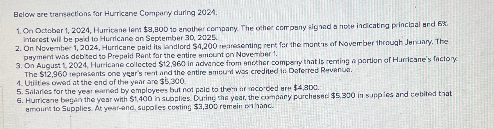 Solved Below are transactions for Hurricane Company during | Chegg.com