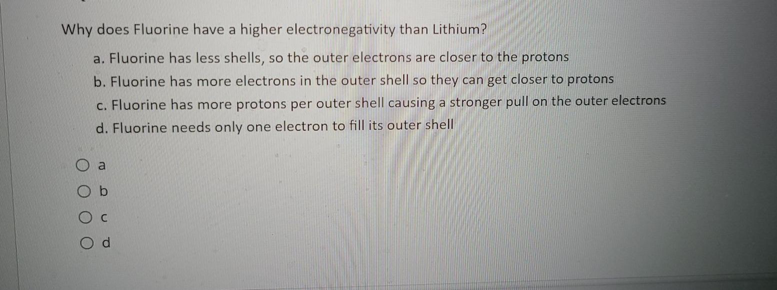 Solved Why does Fluorine have a higher electronegativity | Chegg.com