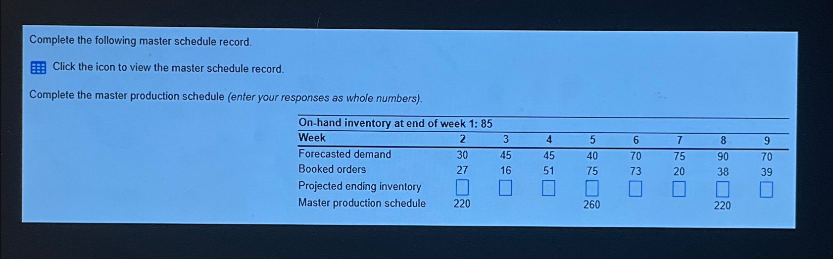 Solved Complete the following master schedule record.Click | Chegg.com