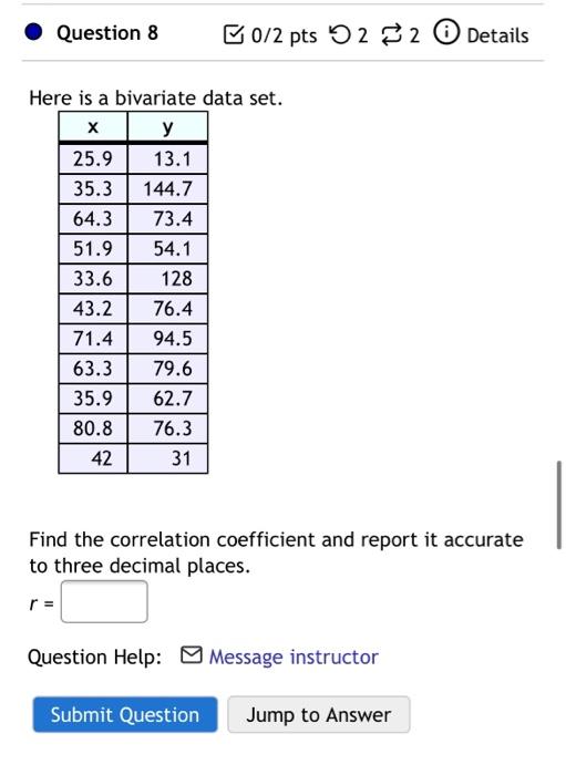 Solved Question 8 B0/2 pts 2 2 0 Details Here is a bivariate | Chegg.com Solved Question 8 B0/2 pts 2 2 0 Details Here is a bivariate | Chegg.com