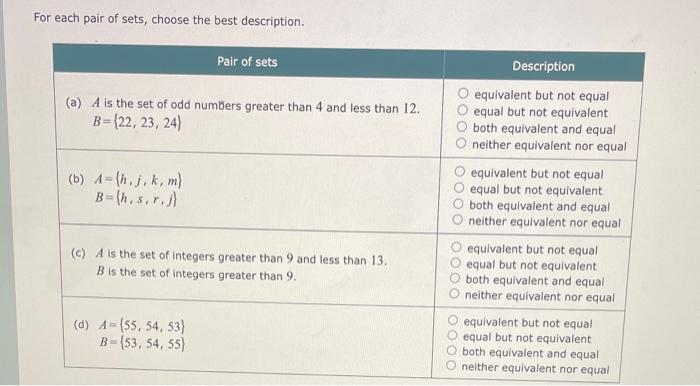 Solved For each pair of sets, choose the best description. | Chegg.com