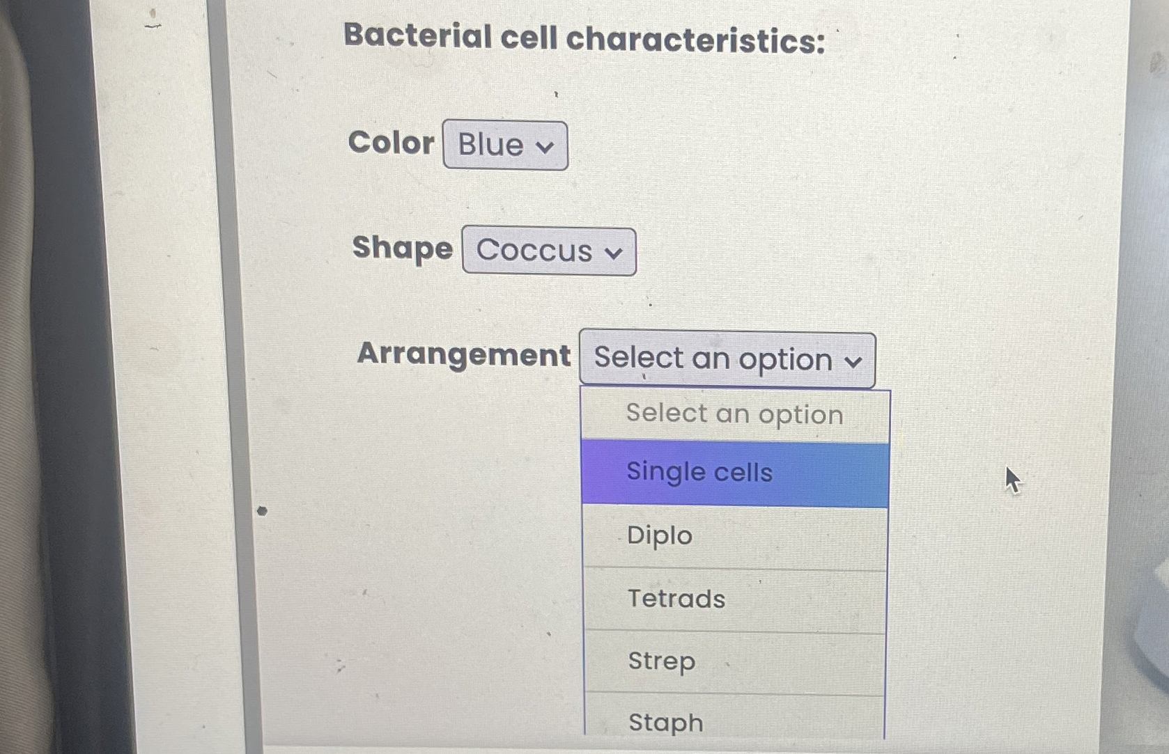 Solved Bacterial cell characteristics:ColorShapeArrangement | Chegg.com