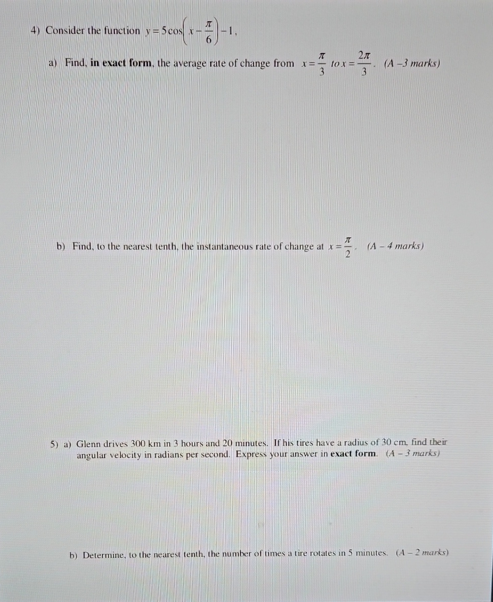 Solved Consider the function y=5cos(x-π6)-1,a) ﻿Find, in | Chegg.com