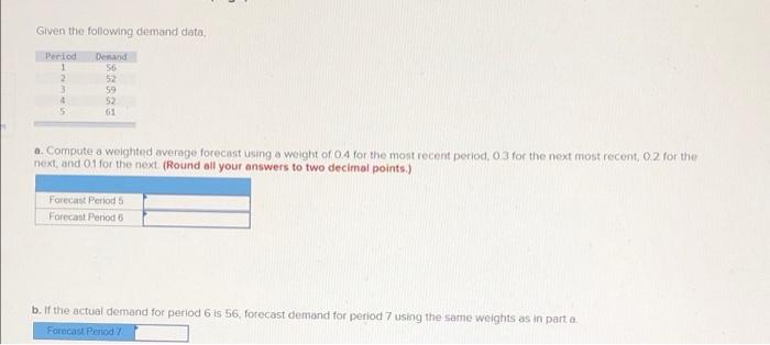 Solved Given the following demand data. Period 1 2 3 Demand | Chegg.com