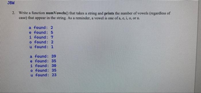 Solved JBW 2. Write a function numVowels() that takes a | Chegg.com