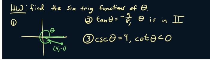 Solved HW: find the six trig functions of θ. (2) tanθ=−89,θ | Chegg.com