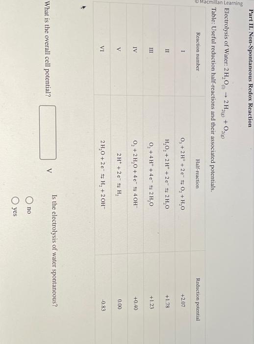 Solved Part II. Non-Spontaneous Redox Reaction Electrolysis | Chegg.com