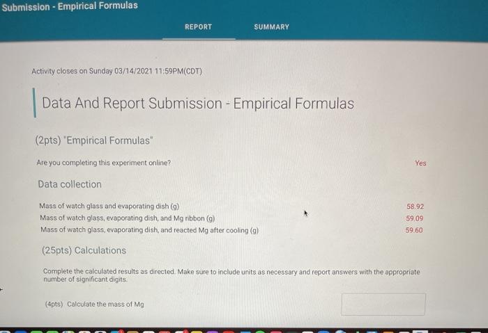 Solved Submission - Empirical Formulas REPORT SUMMARY | Chegg.com