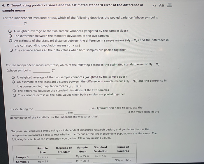 Solved 4. Differentiating pooled variance and the estimated | Chegg.com