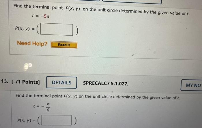 Solved Find the terminal point P(x,y) on the unit circle | Chegg.com