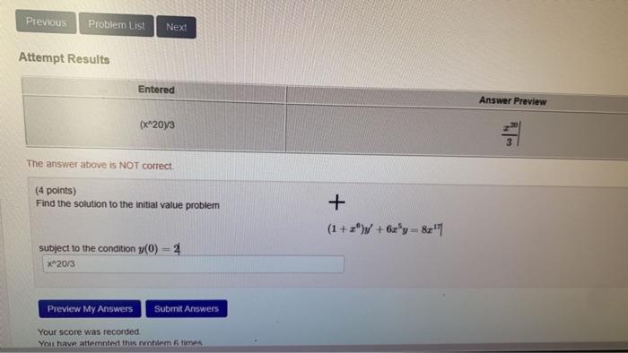 Solved Previous Problem List Next Attempt Results Entered | Chegg.com