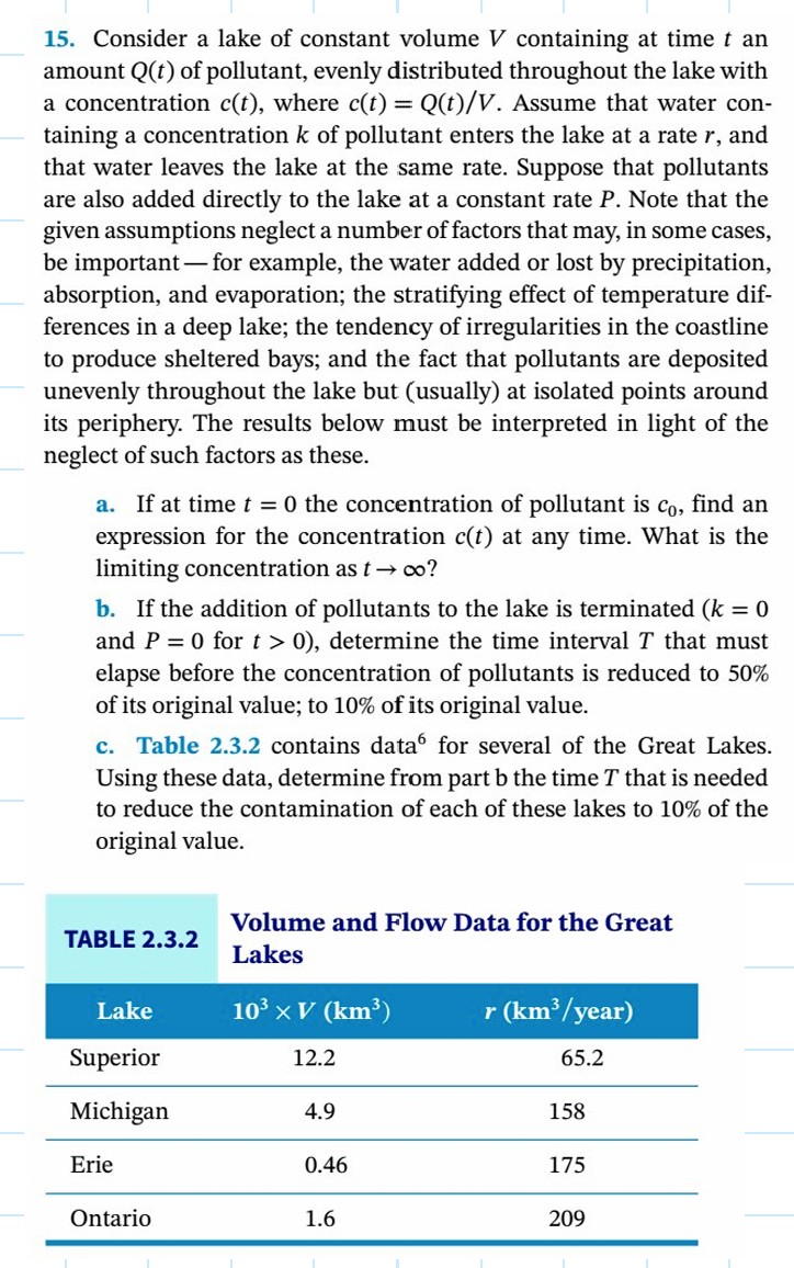 Solved 15. ﻿Consider a lake of constant volume \( ﻿V \) | Chegg.com