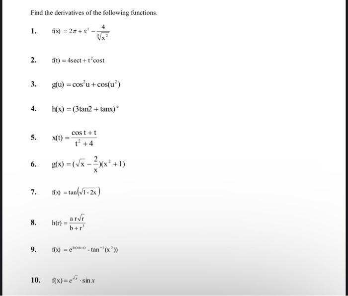 Solved Find the derivatives of the following functions. 1. | Chegg.com