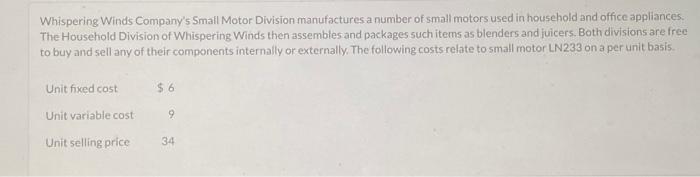 Solved Whispering Winds Company's Small Motor Division | Chegg.com