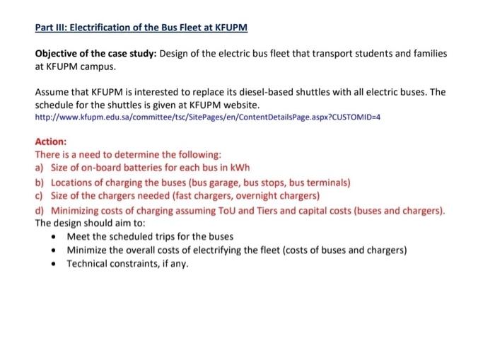 Part III: Electrification of the Bus Fleet at KFUPM | Chegg.com
