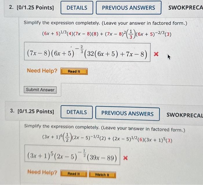 Solved /1.25 Points] SWOKPRECA Simplify the expression | Chegg.com