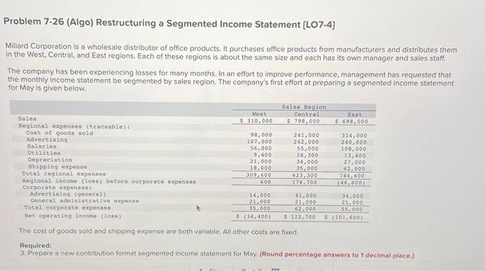 Solved Problem 7-26 (Algo) Restructuring a Segmented Income | Chegg.com Solved Problem 7-26 (Algo) Restructuring a Segmented Income | Chegg.com