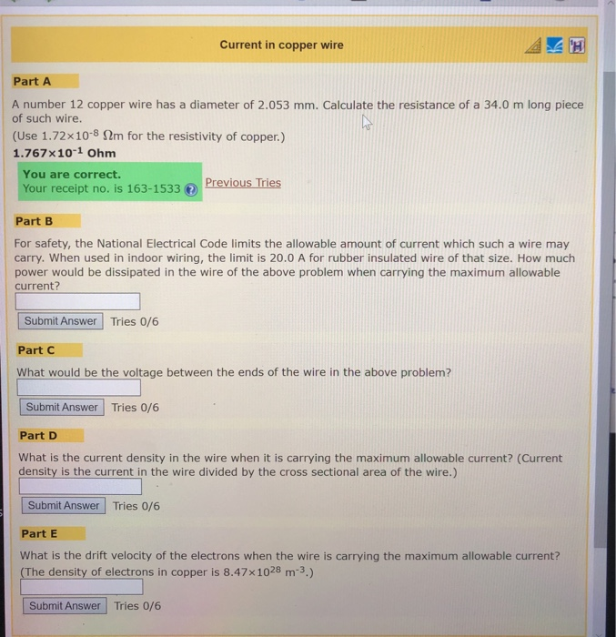Solved Current in copper wire Part A A number 12 copper wire | Chegg.com