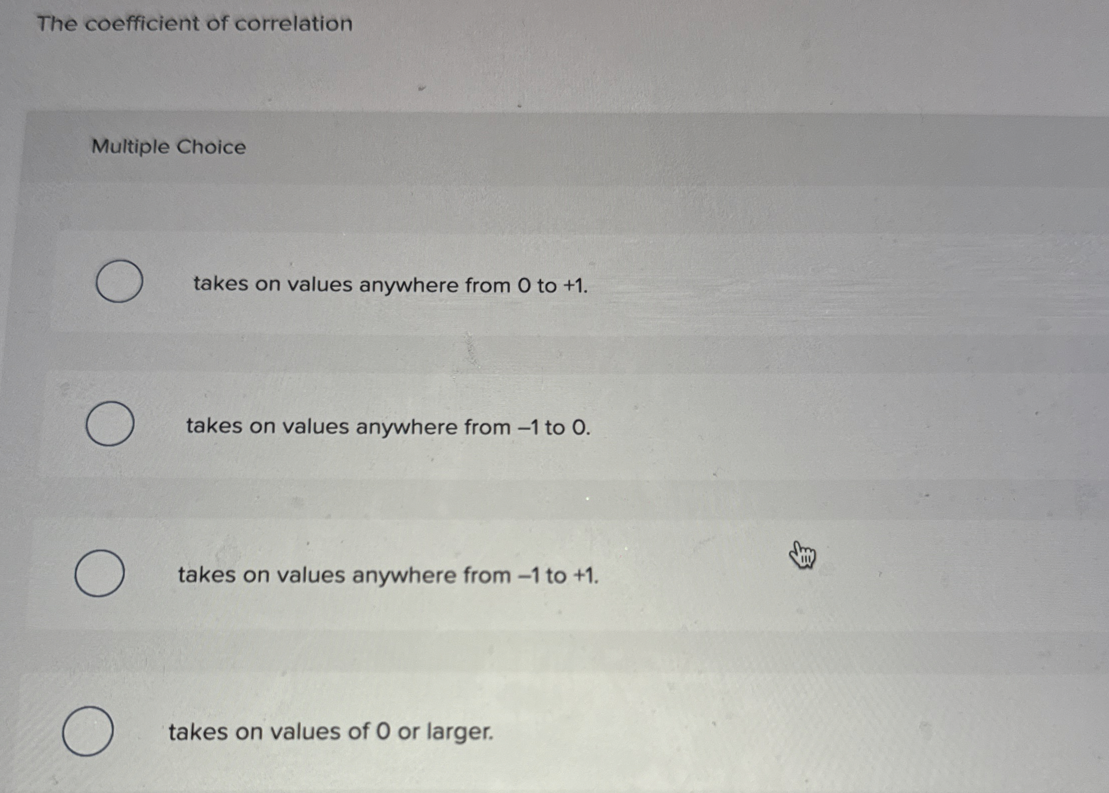 Solved The coefficient of correlationMultiple Choicetakes on | Chegg.com