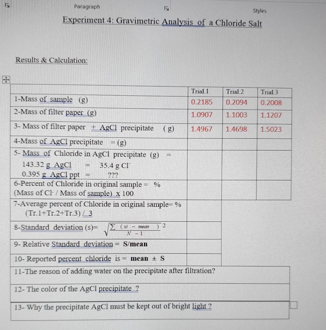 Solved Paragraph Styles Experiment 4: Gravimetric Analysis | Chegg.com