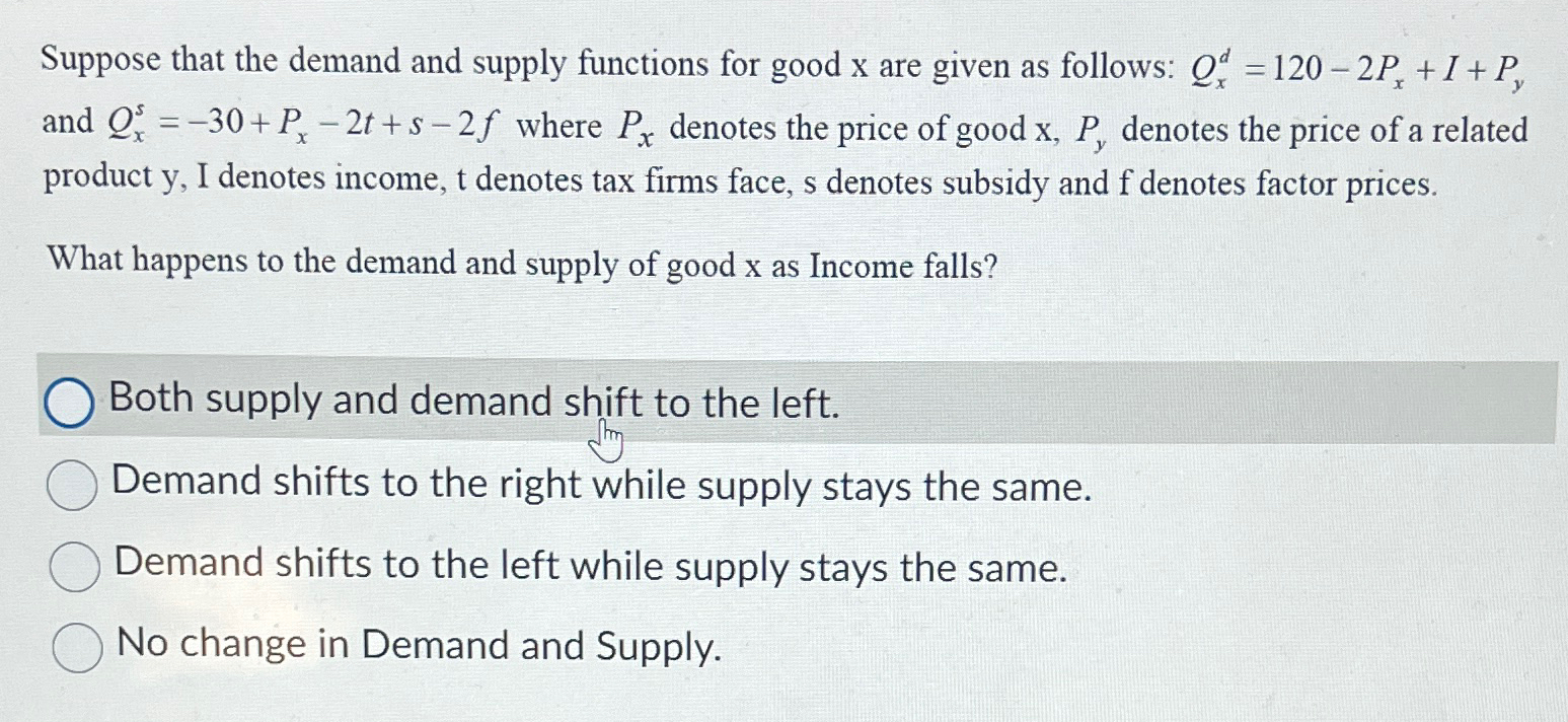 Solved Suppose that the demand and supply functions for good | Chegg.com