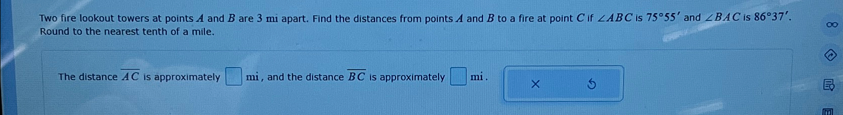 Solved Two fire lookout towers at points A and B ﻿are 3mi | Chegg.com