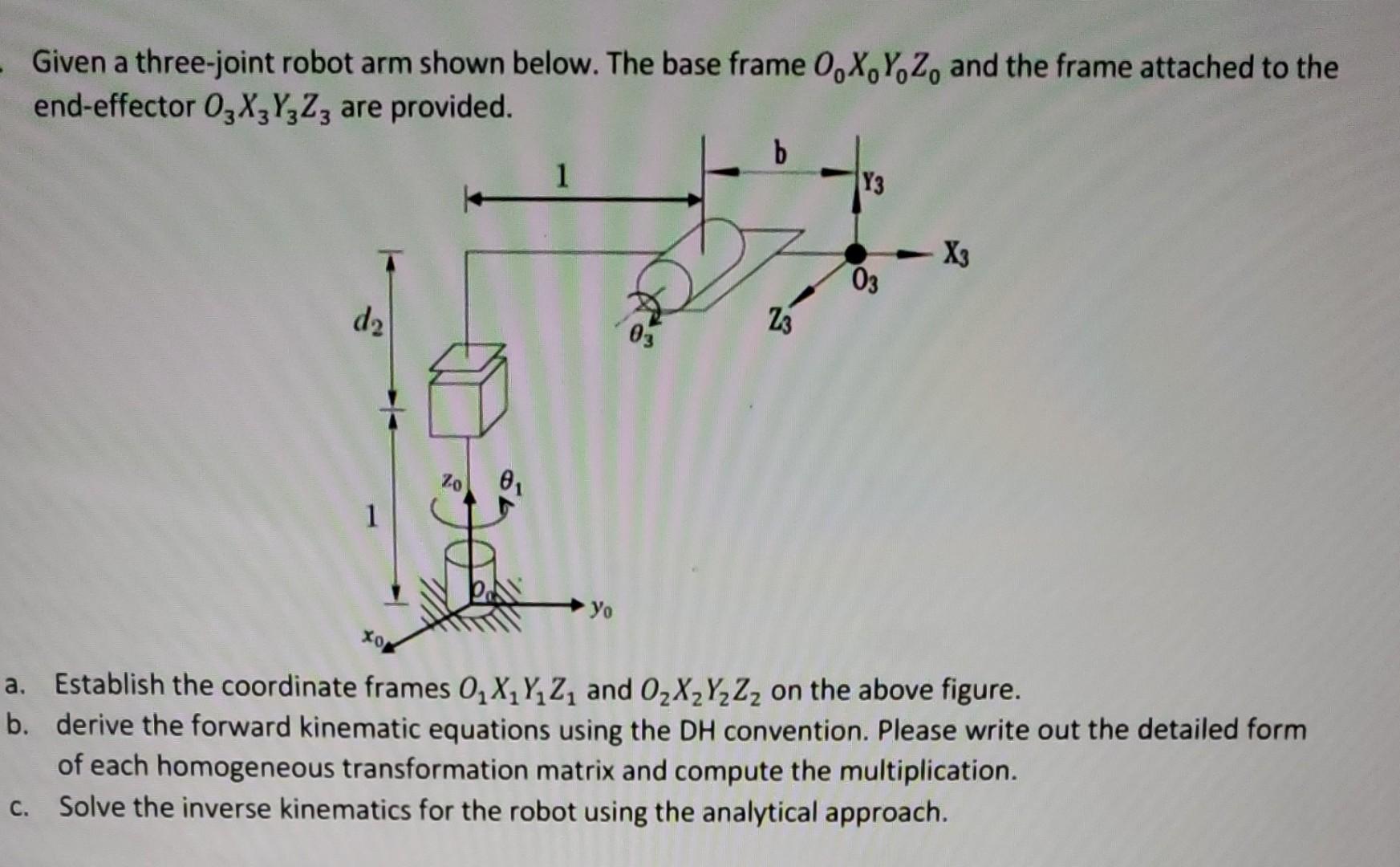Solved Given a three-joint robot arm shown below. The base | Chegg.com