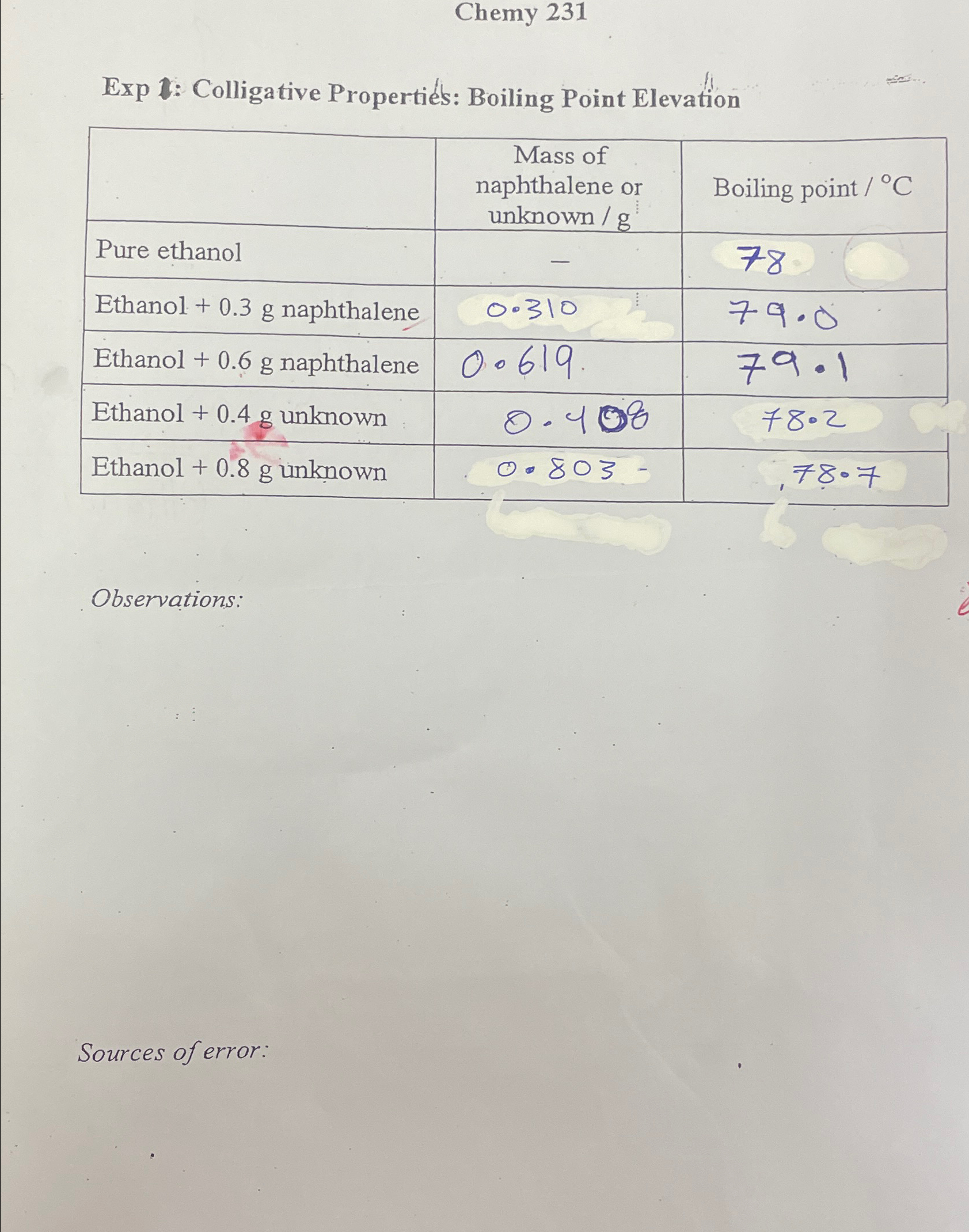 Chemy 231Exp 1: Colligative Propertiés: Boiling Point | Chegg.com