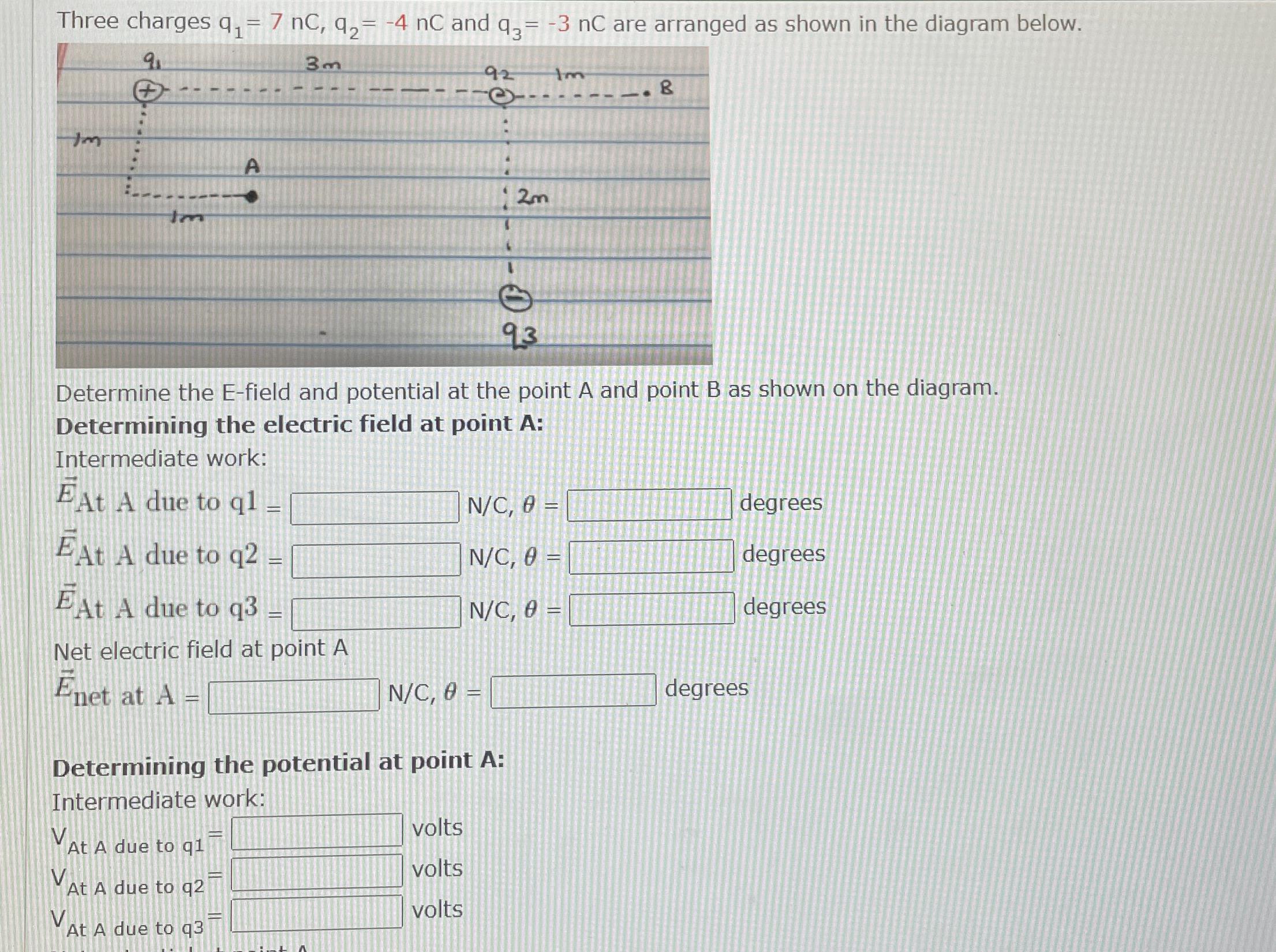 Three charges q1=7nC,q2=-4nC ﻿and q3=-3nC ﻿are | Chegg.com