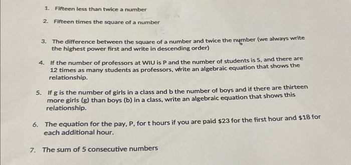 Solved 1. Fifteen less than twice a number 2. Fifteen times | Chegg.com