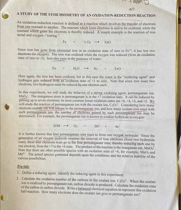 Solved A STUDY OF THE STOICHIOMETRY OF AN | Chegg.com