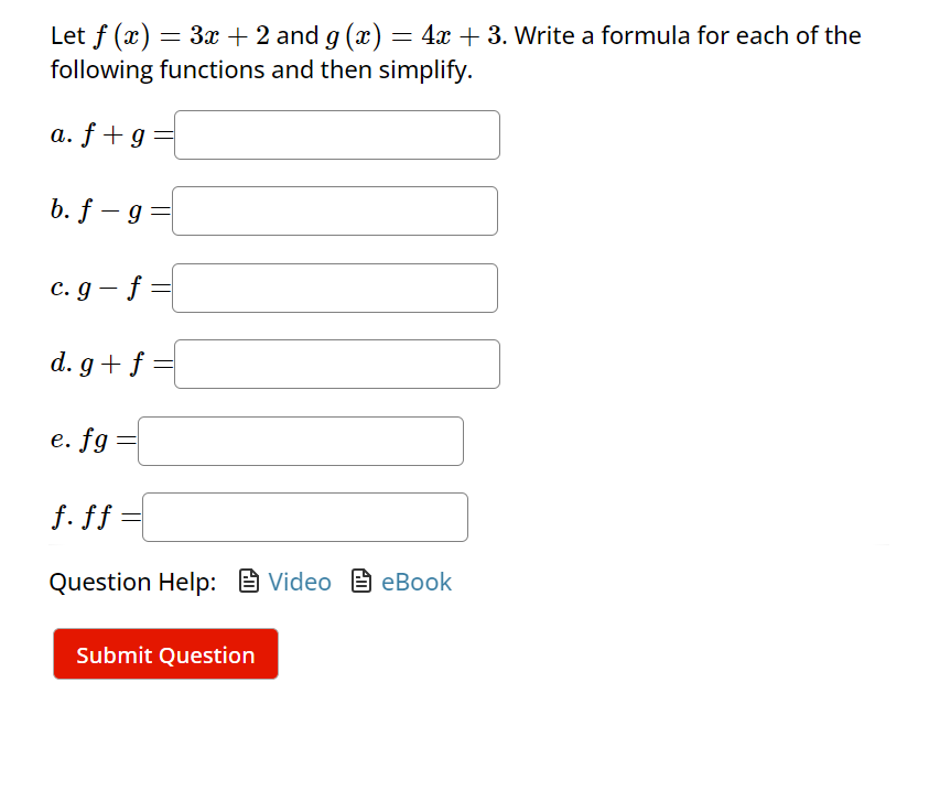 Solved Let f(x)=3x+2 ﻿and g(x)=4x+3. ﻿Write a formula for | Chegg.com