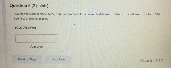 Solved Question 5 (2 points) Assume the Normal model N(72, | Chegg.com