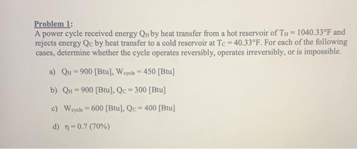 Solved Problem 1: A power cycle received energy Quby heat | Chegg.com