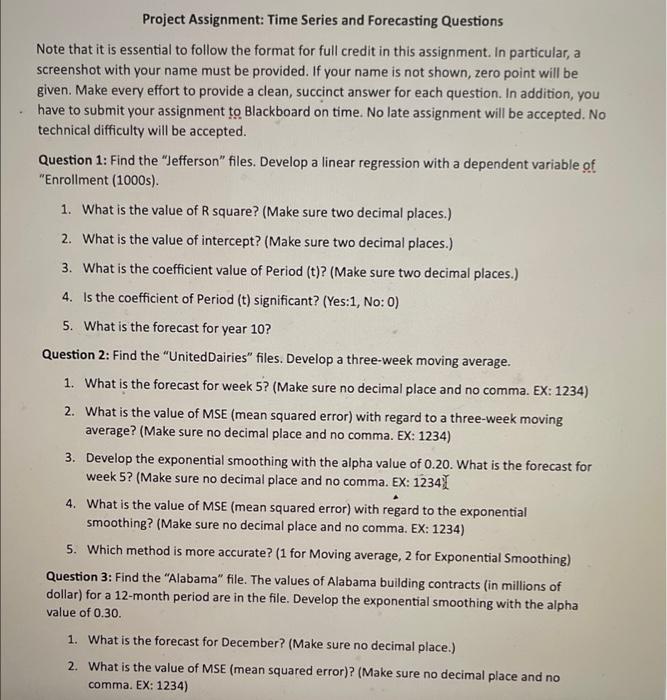 Project Assignment: Time Series and Forecasting | Chegg.com