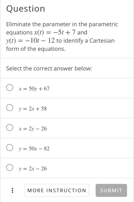 Solved Question Eliminate the parameter in the parametric | Chegg.com