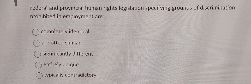Solved Federal and provincial human rights legislation | Chegg.com