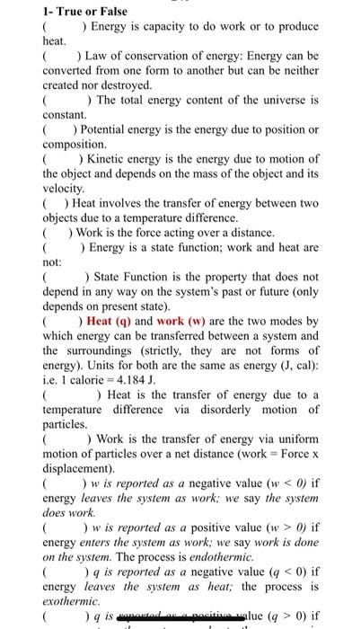 Solved 1- True or False ( ) Energy is capacity to do work or | Chegg.com