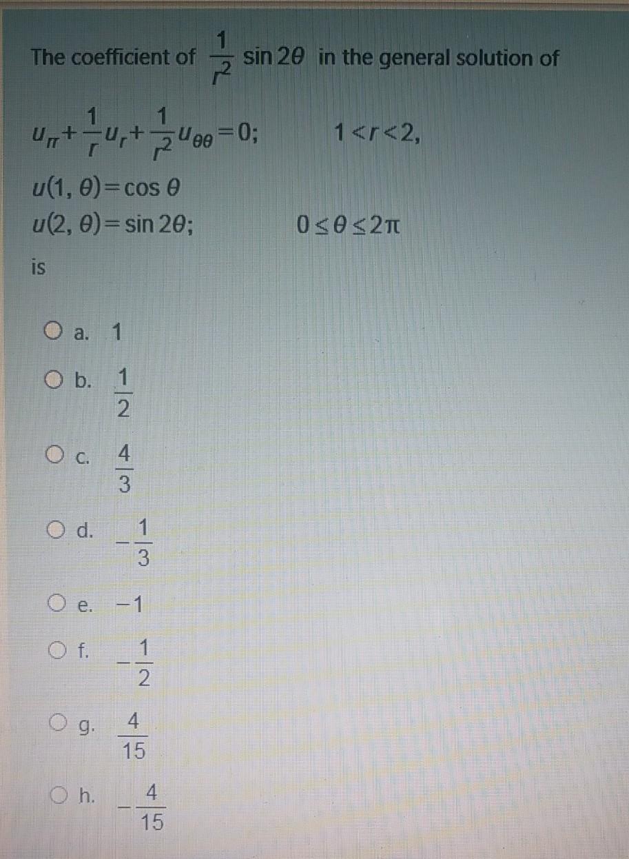 Solved The coefficient of 2 sin 20 in the general solution | Chegg.com
